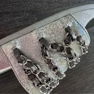 CHANEL | Shoes | Chanel Metallic Silver Leather Cc Chain Embellished ...